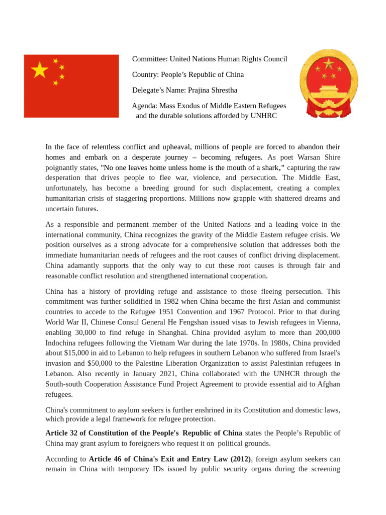 Position Paper of The Republic of China | PDF | Refugee | Cultural ...