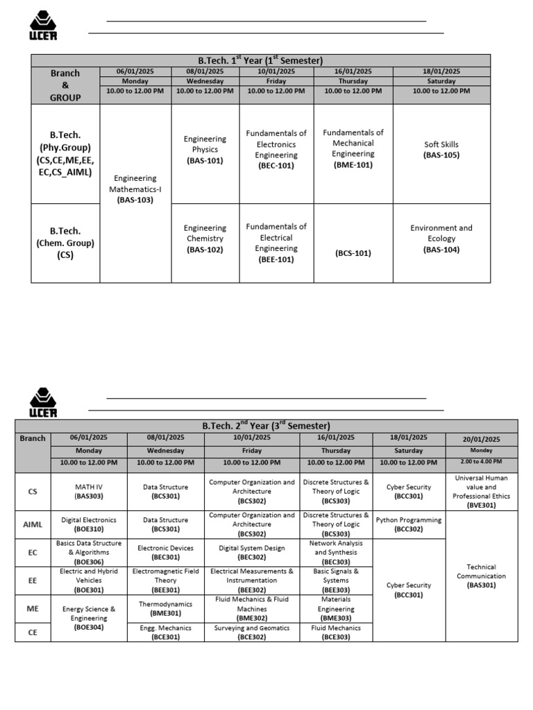 Tentative Second Sessional Examination Schedule For B.Tech.1st & 2nd Year (Odd Semester I Ses.24 ...