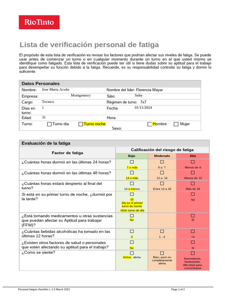 Fatigue Personal Checklist - ESP | PDF