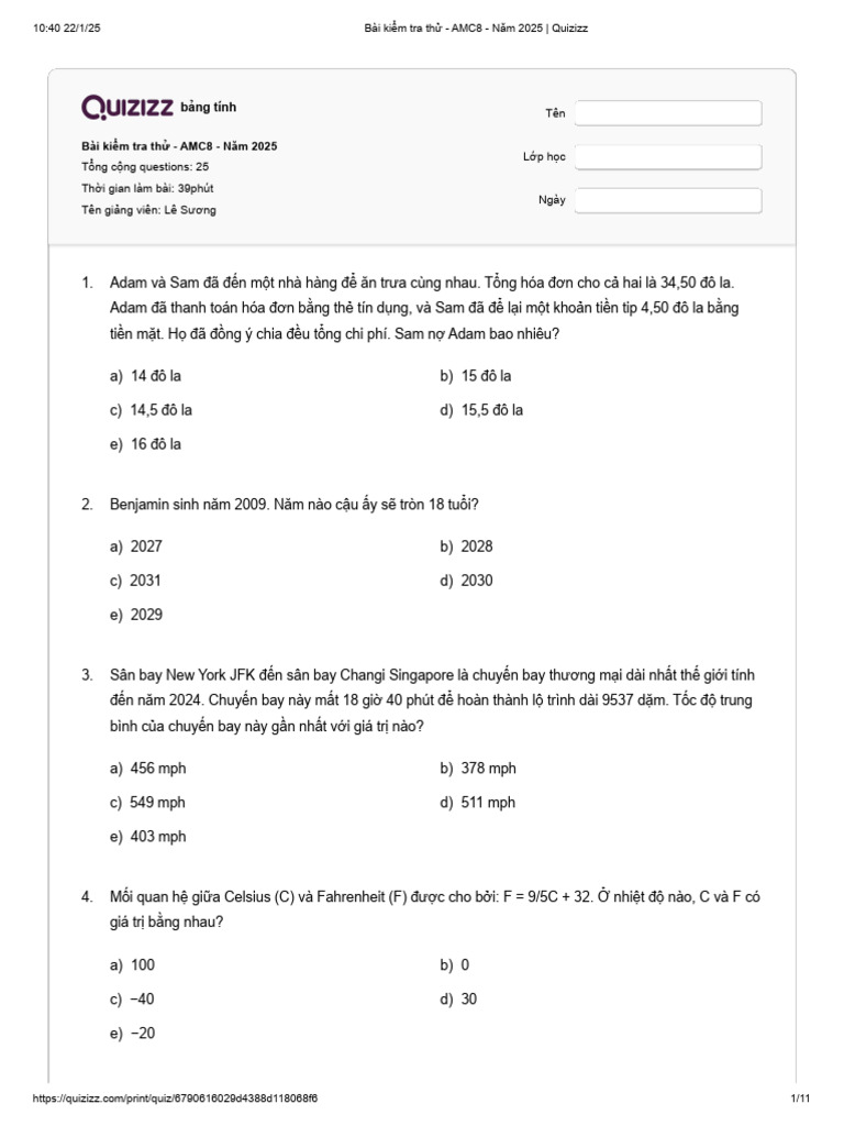 Bài kiểm tra thử AMC8 Năm 2025 - Quizizz | PDF