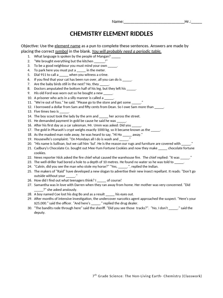 Chemistry Element Riddles | PDF