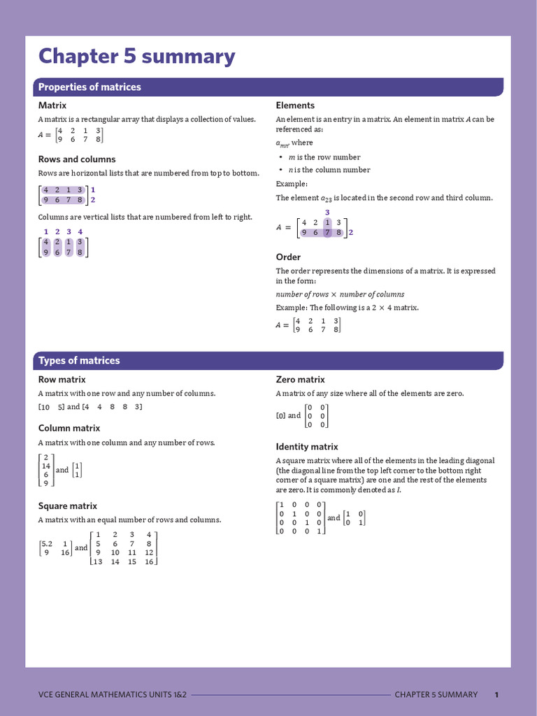 Chapter 5 Matrices Summary Pdf Matrix Mathematics Determinant