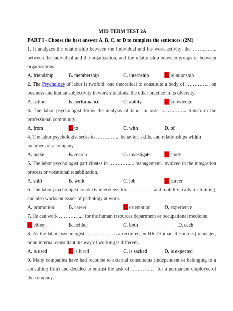 MID-TERM TEST 2A-KEY | PDF | Psychologist | Psychology