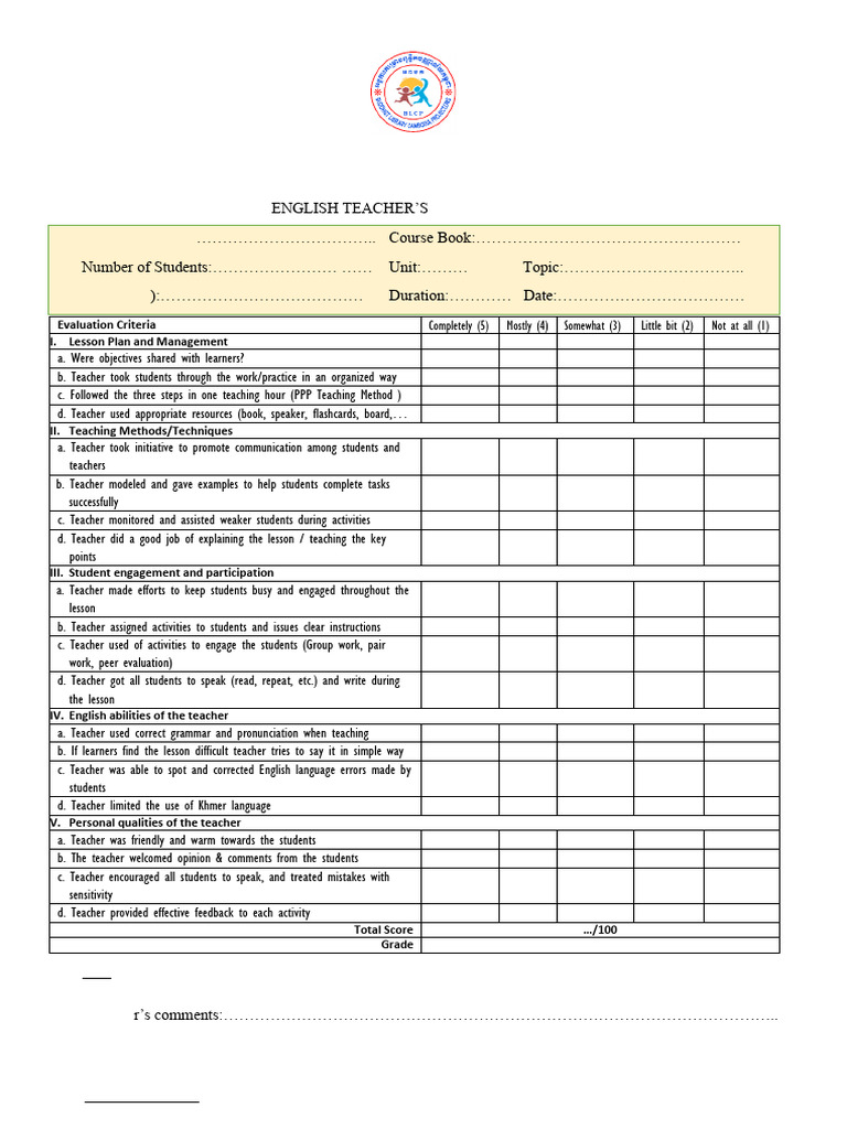 English Teaching Observation Form | PDF | Teachers | Lesson Plan