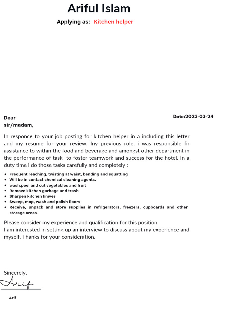 Application for Kitchen Helper Position | PDF