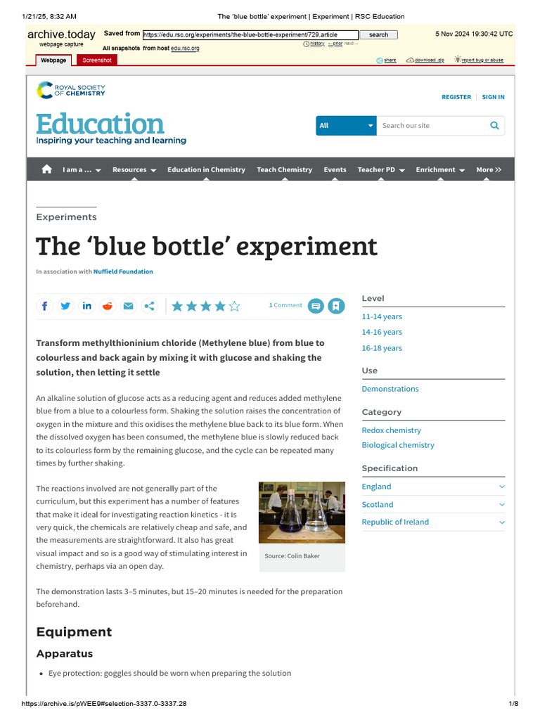 Blue Bottle Experiment: Methylene Blue Reaction | PDF | Chemistry ...