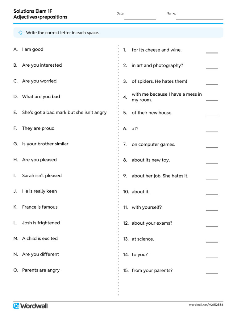 Solutions Elem 1f Adjectivesprepositions Match Up Write The Answer | PDF