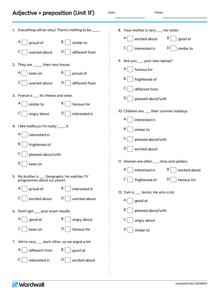 Adjective Preposition Unit 1f Quiz | PDF