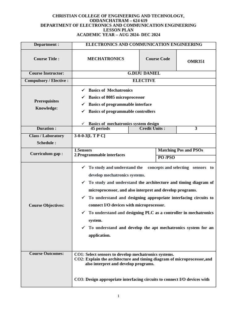 OMR351 Mechatronics Lesson Plan 2024 | PDF | Programmable Logic ...