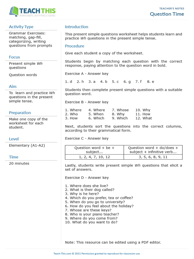 Present Simple Wh Questions Worksheet | PDF | Question | Grammar