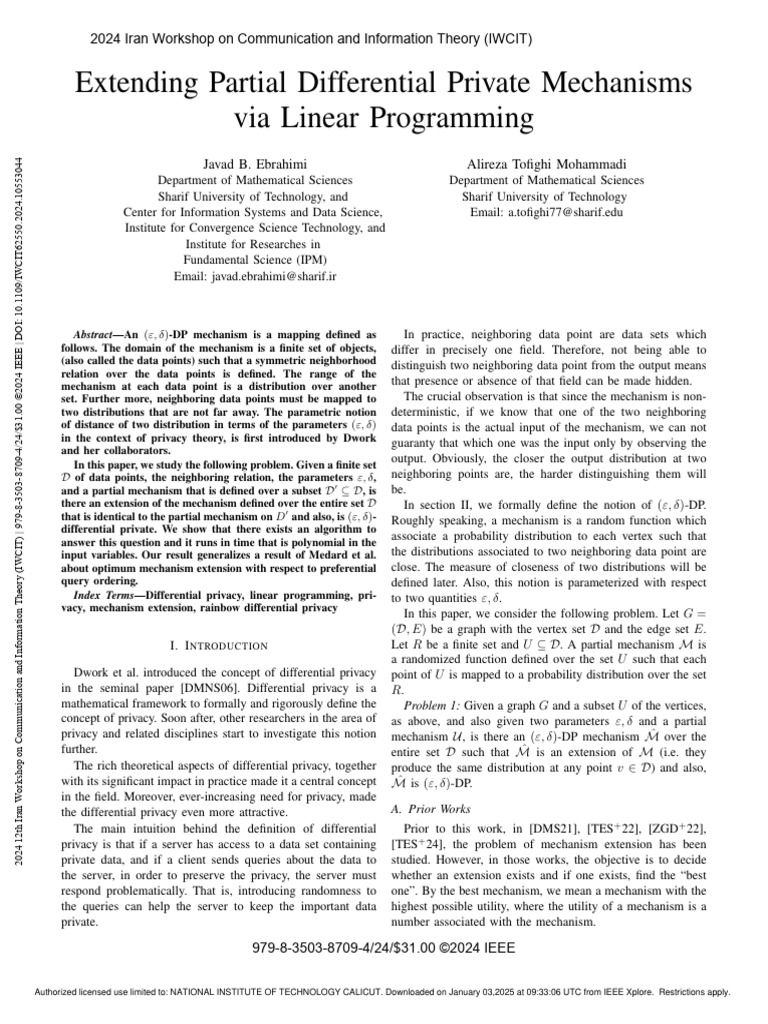 Extending Partial Differential Private Mechanisms | PDF | Linear ...