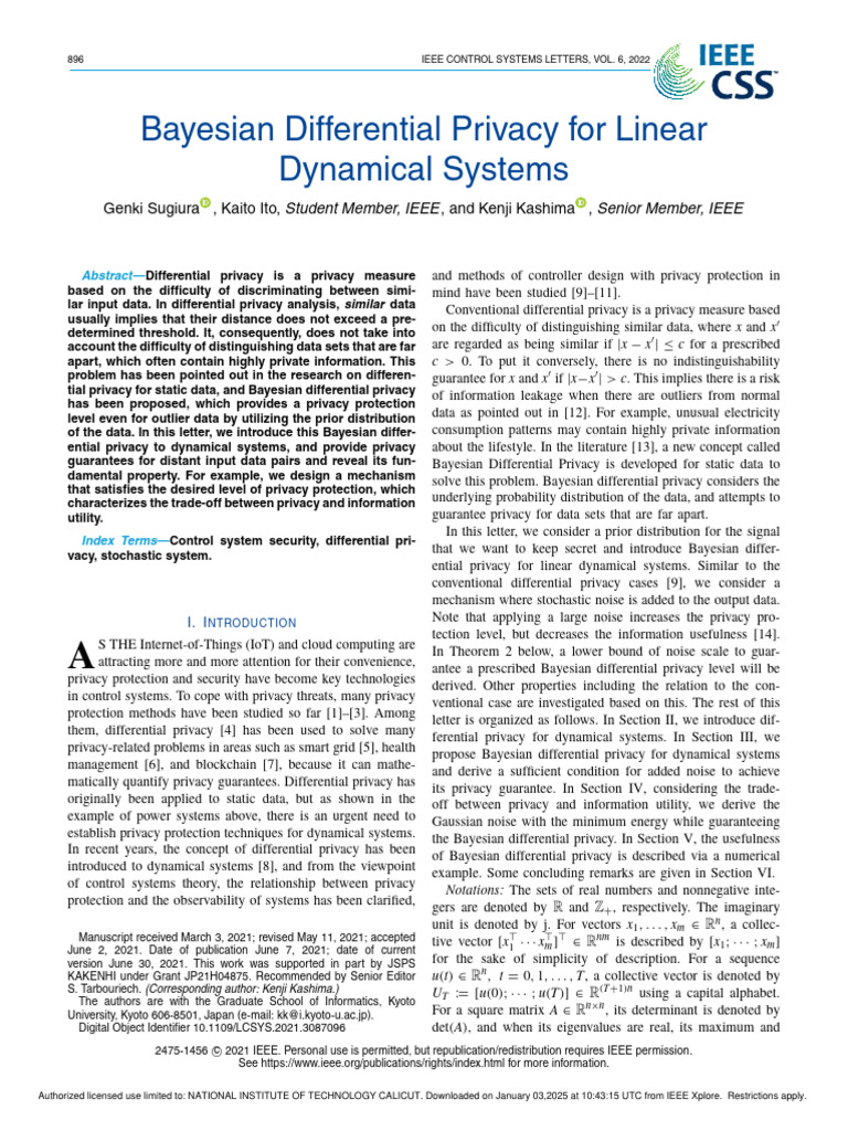 Bayesian Differential Privacy For Linear Dynamic System Pdf Normal
