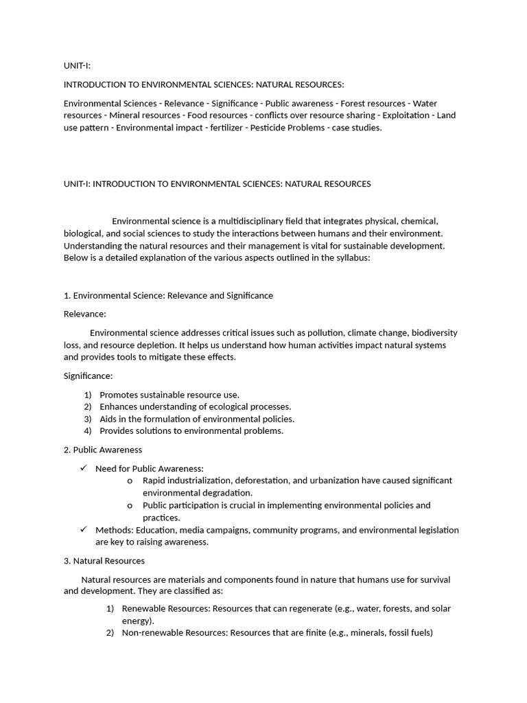UNIT 1 EVS | PDF | Environmental Degradation | Agriculture