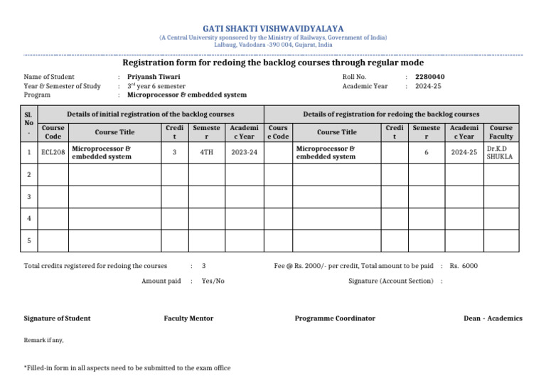 Registration Form For Redoing The Backlog Courses Through Regular Classroom Mode | PDF