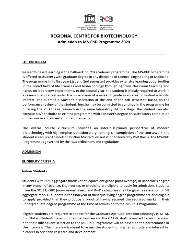 MSC PHD - 2023 Document For RCB Website | PDF | Thesis | Academic Degree