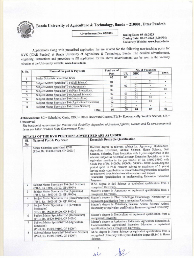 Advt. No. 03 2023 KVK SMS PC | PDF