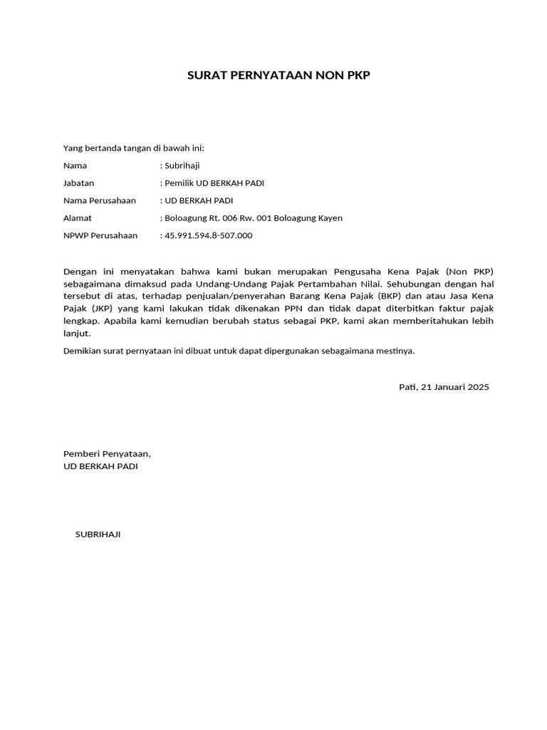Surat Pernyataan Non PKP | PDF