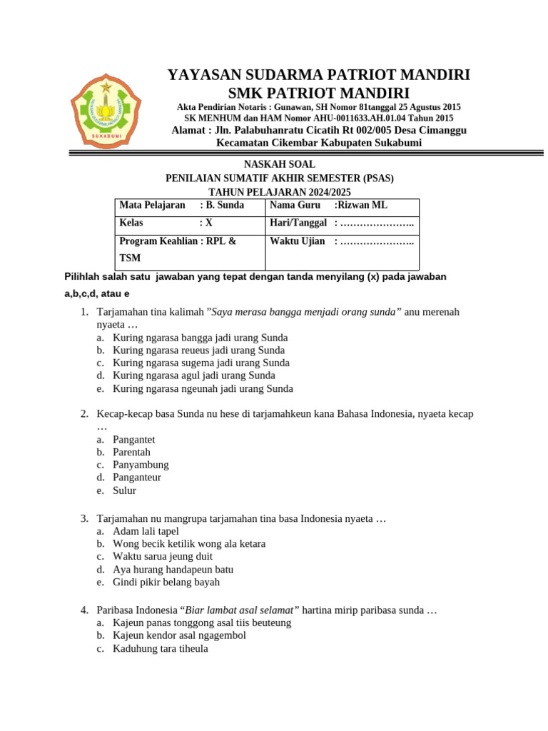 Soal B. Sunda X RPL TSM | PDF
