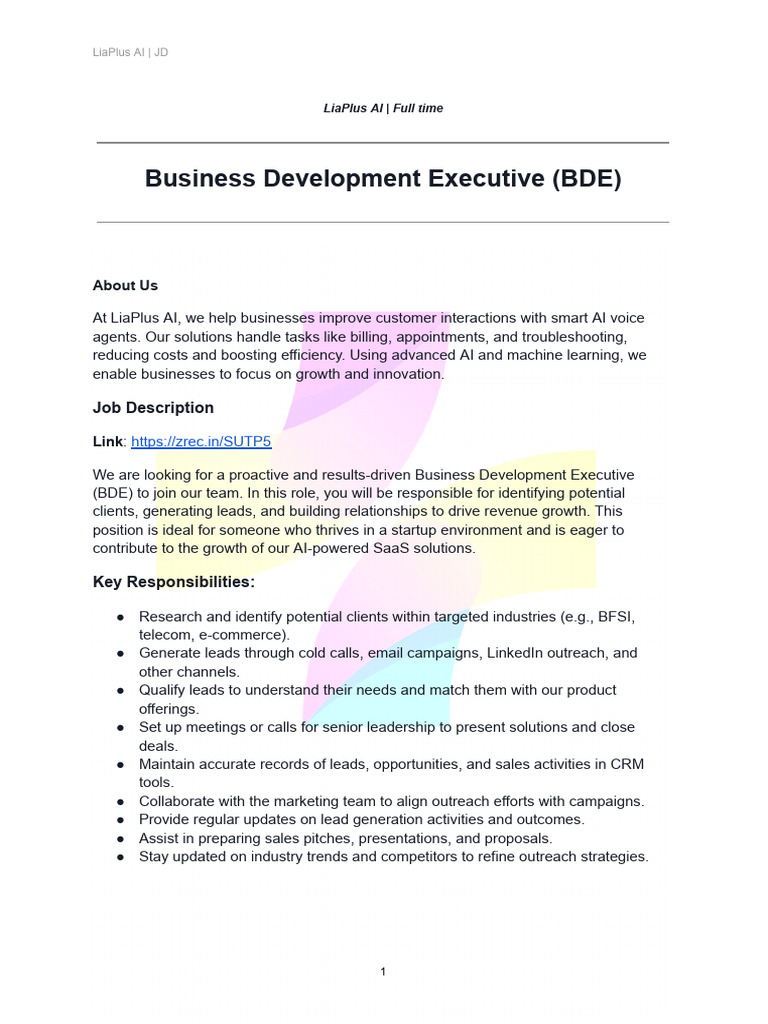 Business Development Executive (BDE) - JD | PDF | Customer Relationship ...