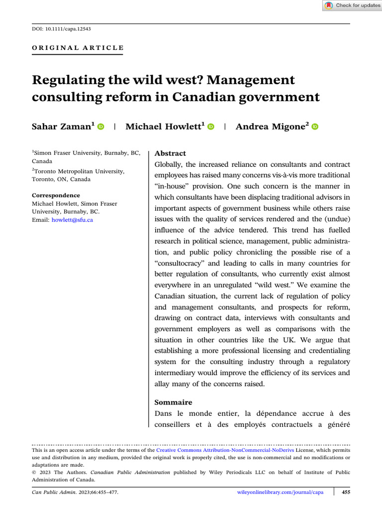 Regulating The Wild West Management Consulting Reform in Canadian ...