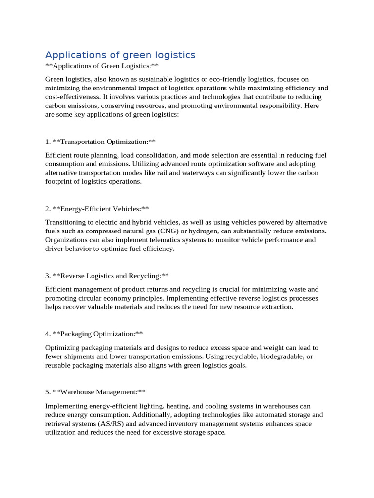 Applications of Green Logistics | PDF | Logistics | Efficient Energy Use