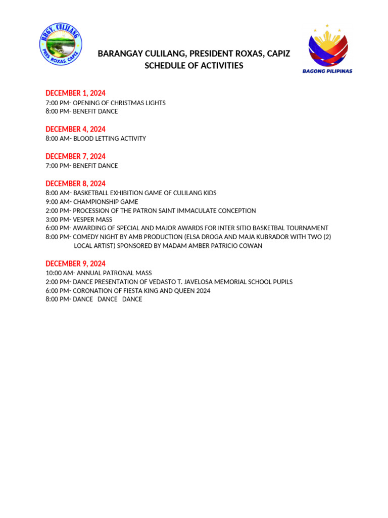 BARANGAY CULILANG FIESTA ACTIVITIES 2024 | PDF