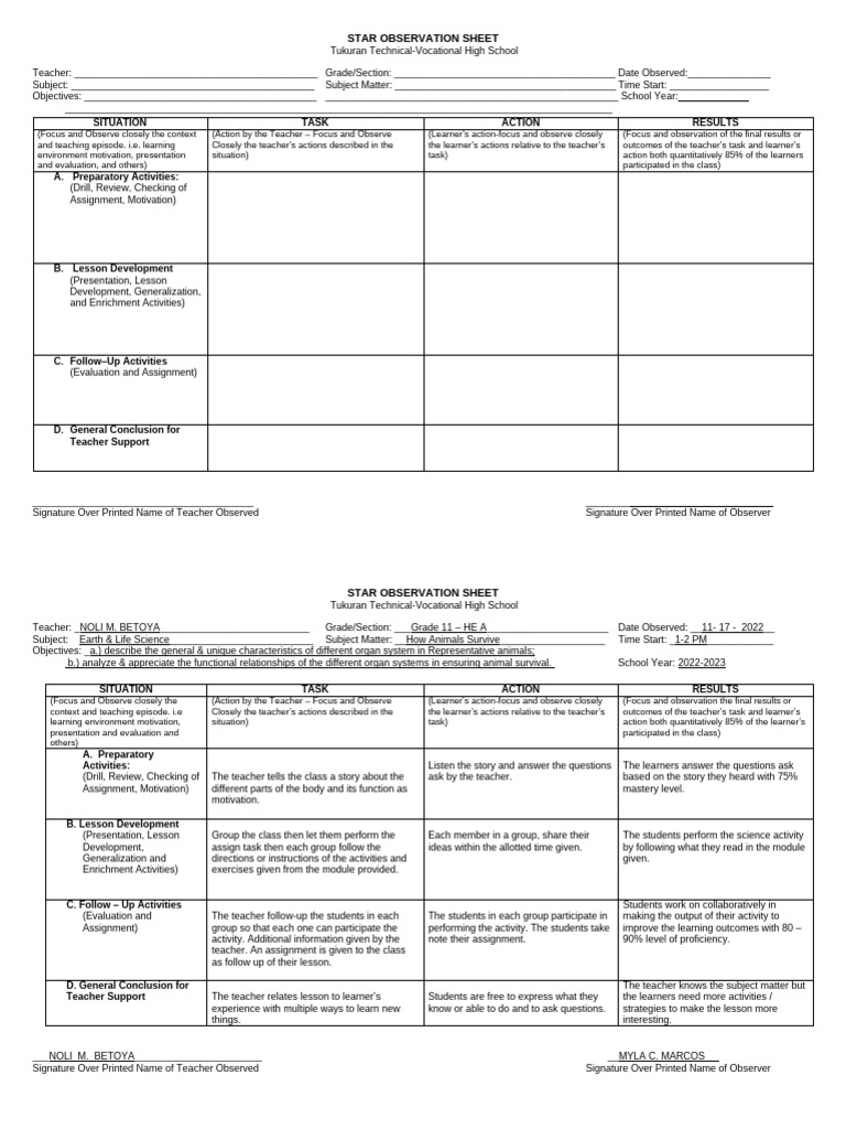 Star-Observation-Sheet Final | PDF | Learning | Teachers