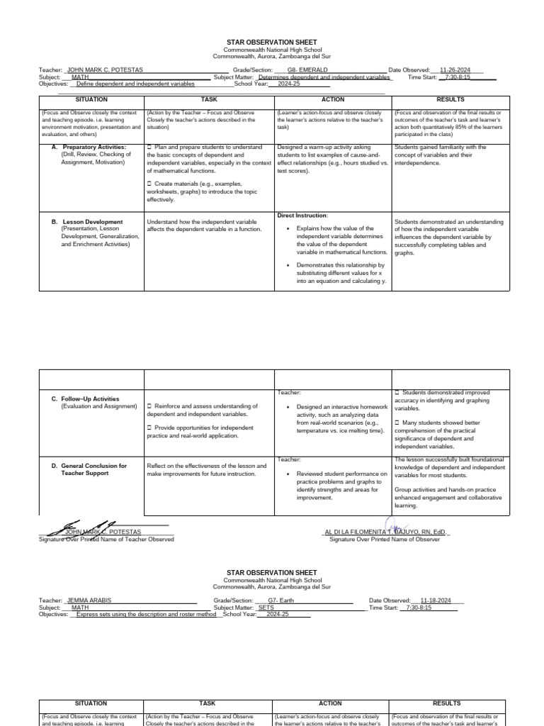 Star Observation Sheet Mathematics | PDF | Teachers | Learning