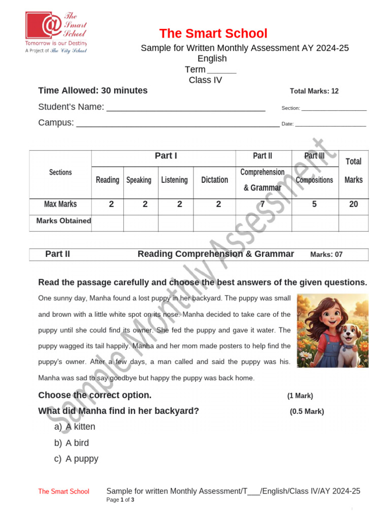 Sample Monthly Assessment English Class IV AY 2024-25 | PDF | Syntax ...