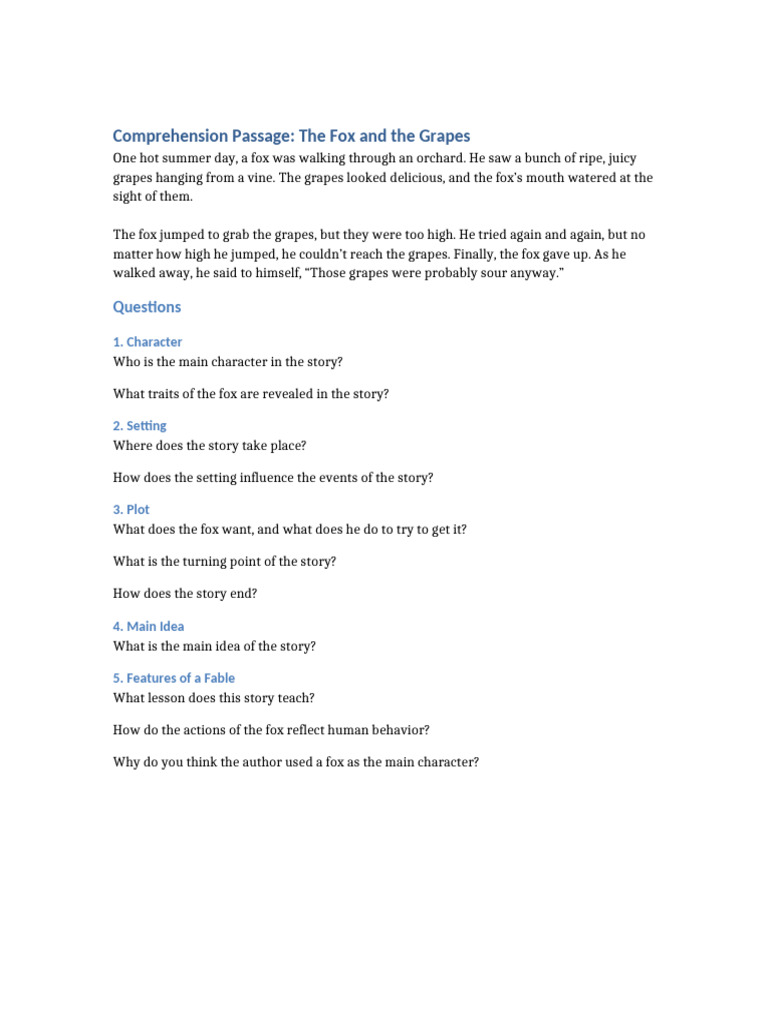 The Fox and The Grapes Comprehension | PDF