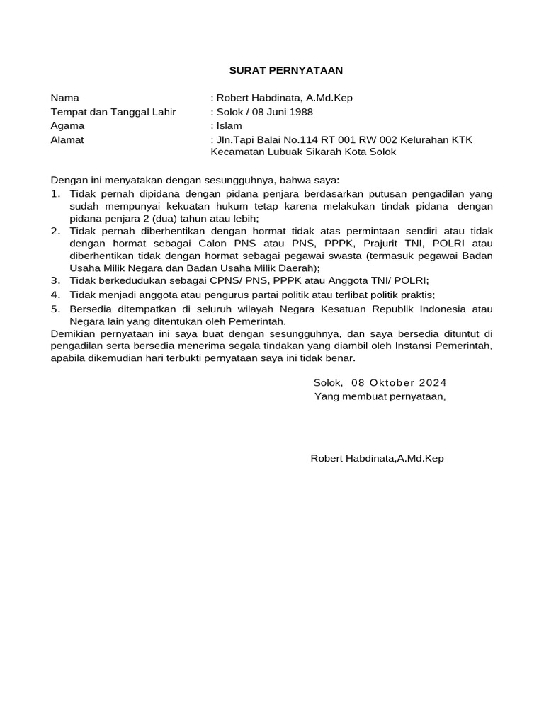 Surat Pernyataan Marnis | PDF