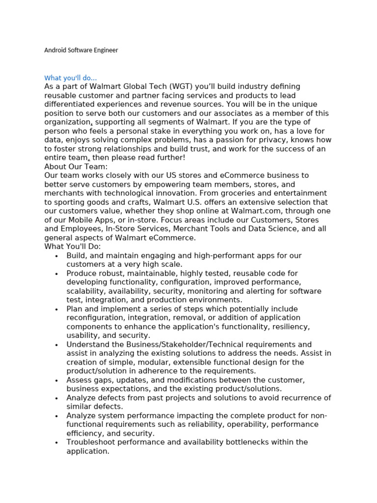 Walmart GT - Android Software Engineer | PDF | Android (Operating System) | Walmart