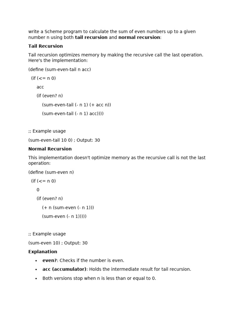 Write A Scheme Program To Calculate The Sum Of Even Numbers Up To A 5510