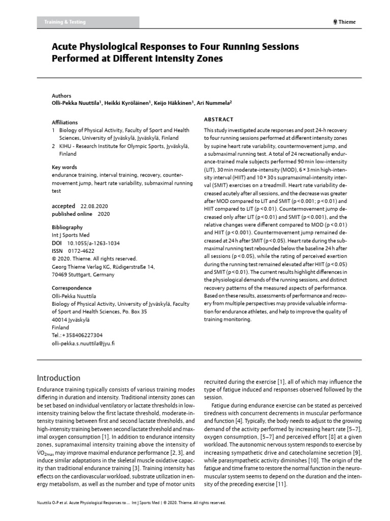 Acute Physiological Responses to Four Running Sessions Performed at ...
