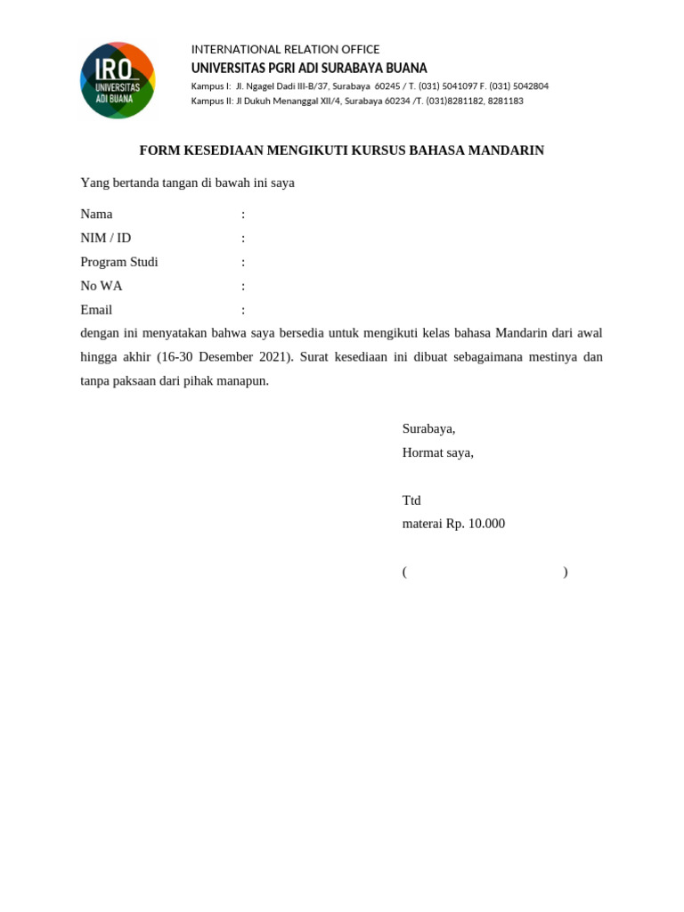 Form Kesediaan Kursus Mandarin | PDF
