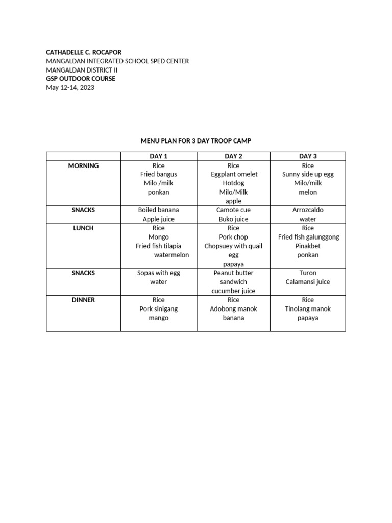 Menu Plan For 3 Day Troop Camp-Cathadelle | PDF