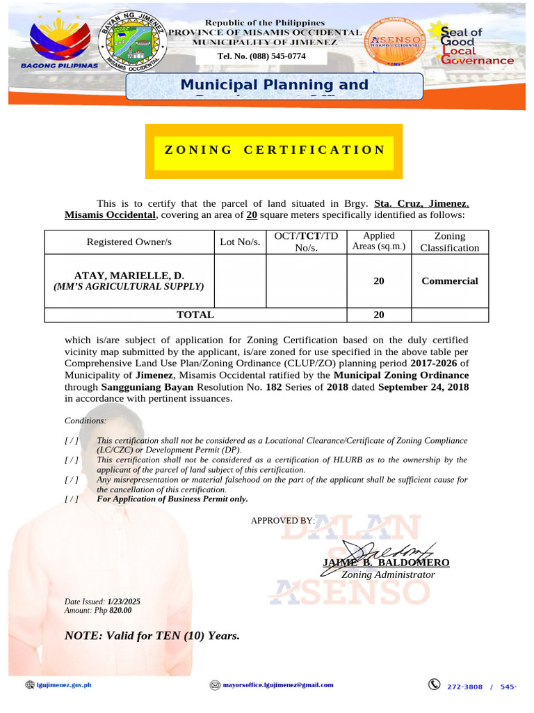 Zoning Certification For Commercial Use Pdf Government