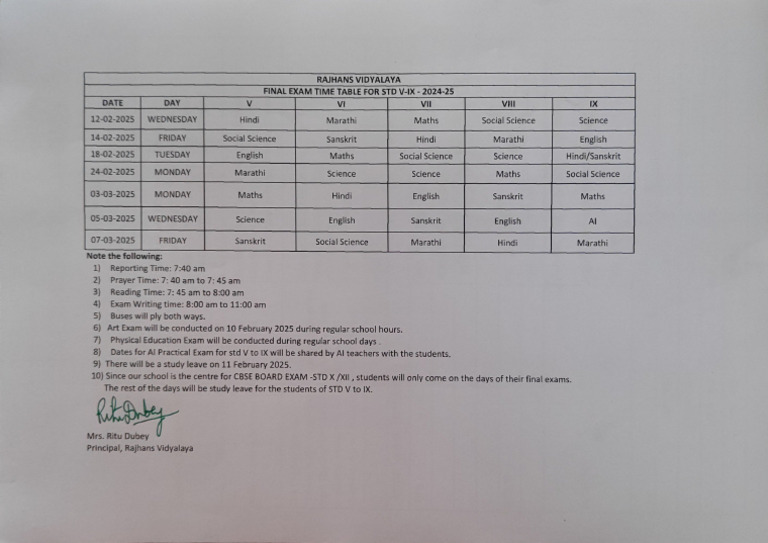 V To Ix Final Examination Time Table 2024-2025 | PDF