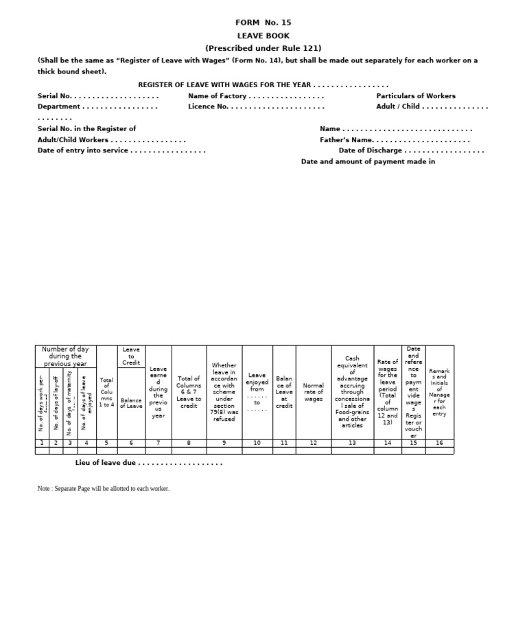 Form 15: Leave Register Template | PDF | Business | Money