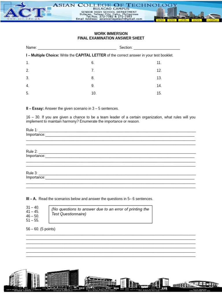 Work Immersion Exam Answer Sheet | PDF | Multiple Choice | Tests