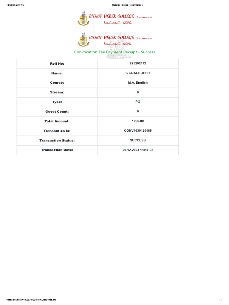 Receipt - Bishop Heber College convocation jeffi | PDF