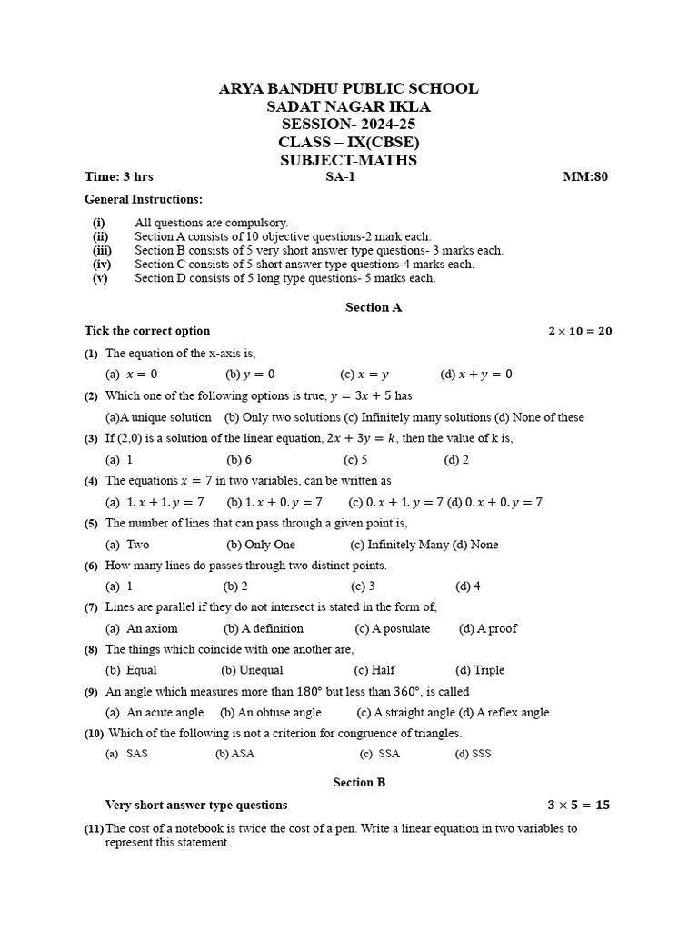 Class 9th Maths (CBSE) Paper | PDF | Mathematical Concepts | Elementary ...