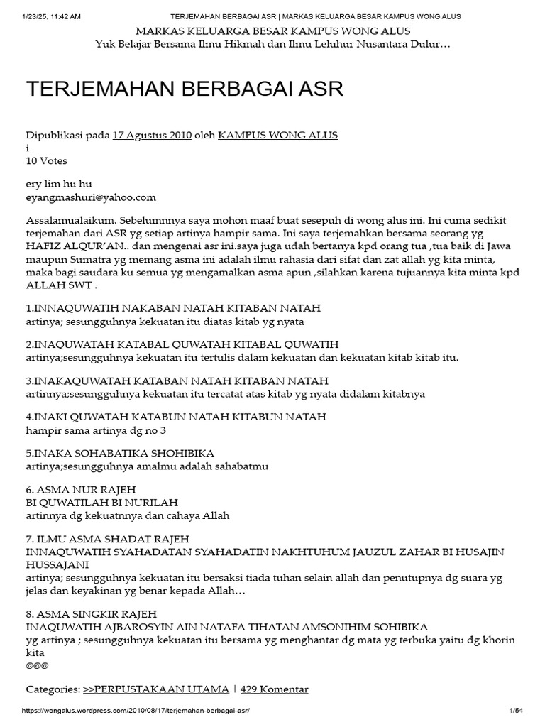 TERJEMAHAN BERBAGAI ASR _ MARKAS KELUARGA BESAR KAMPUS WONG ALUS | PDF