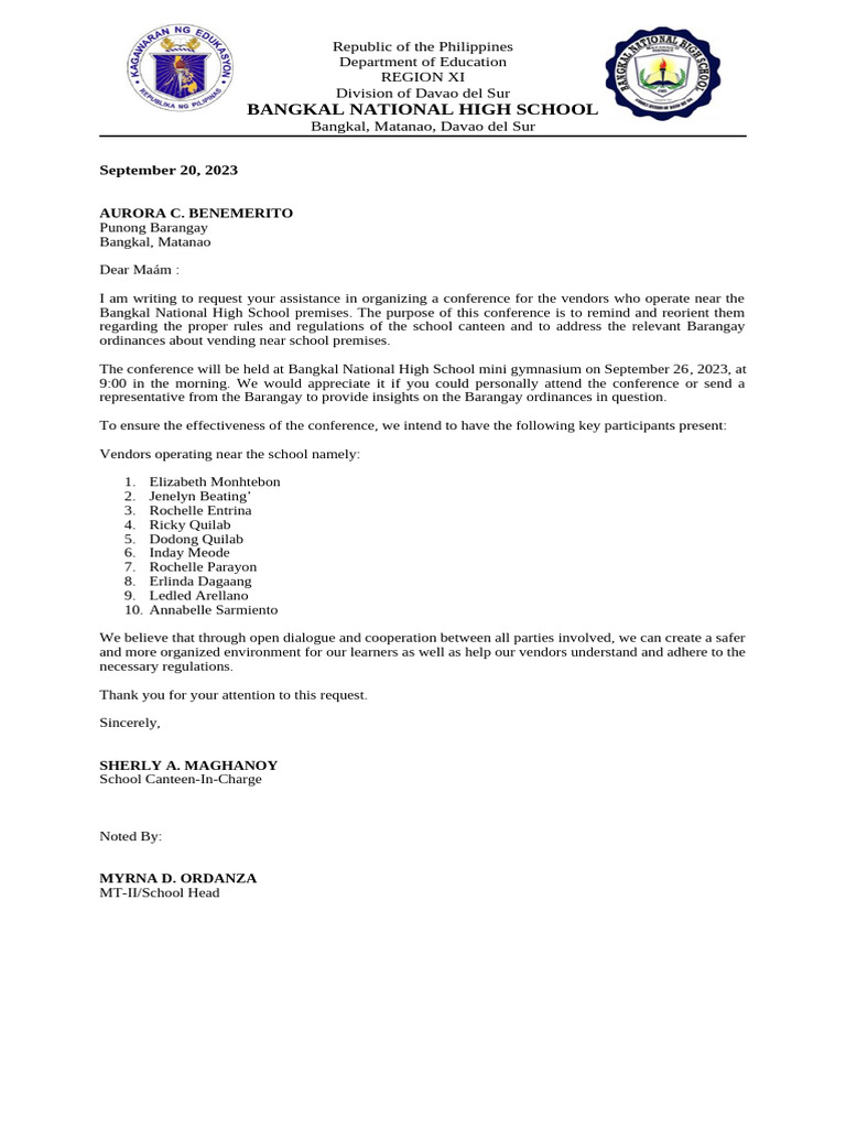 Letter Request SCHOOL CANTEEN | PDF