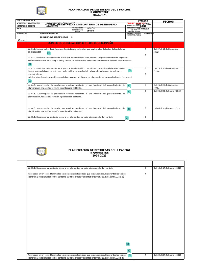 Planificación de Destrezas II Quimestre 2024-2025 | PDF | Ecuador