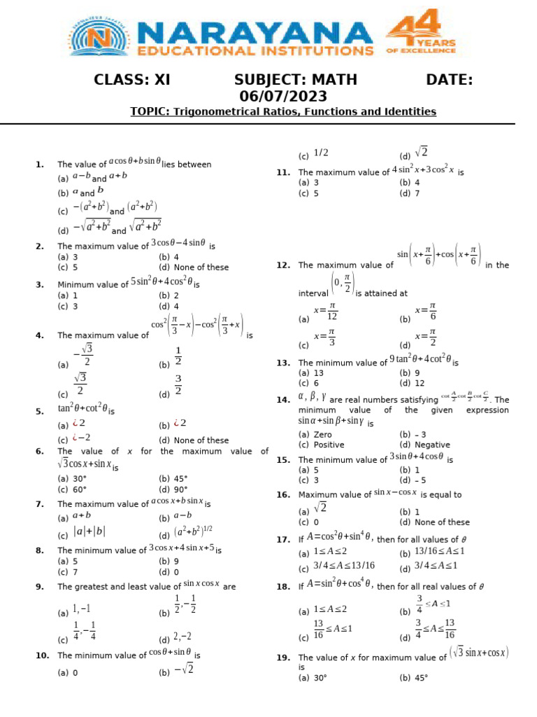 Practice Sheet Class Xi 06.07.2023 | PDF | Triangle | Triangle Geometry