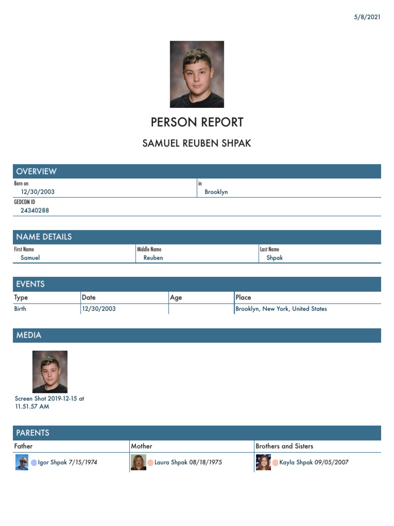 Person Report Samuel Reuben Shpak | PDF | Grandparent | Interpersonal Relationships