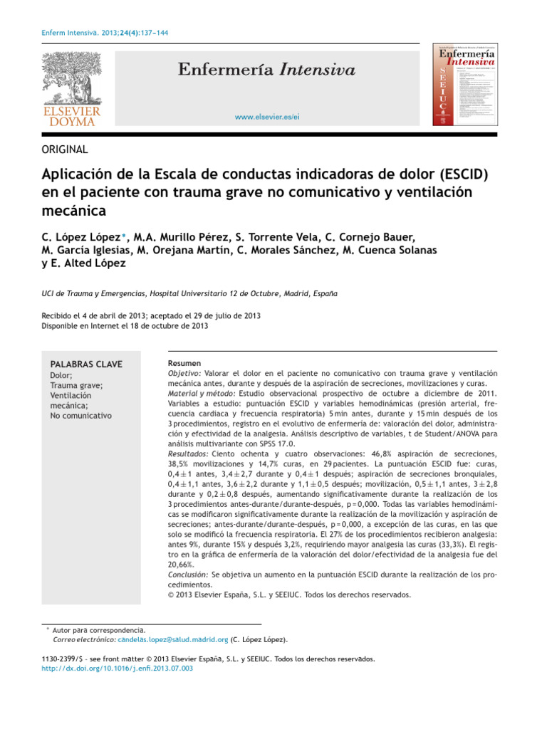 Aplicación de La Escala de Conductas Indicadoras de Dolor (Escid) en El ...