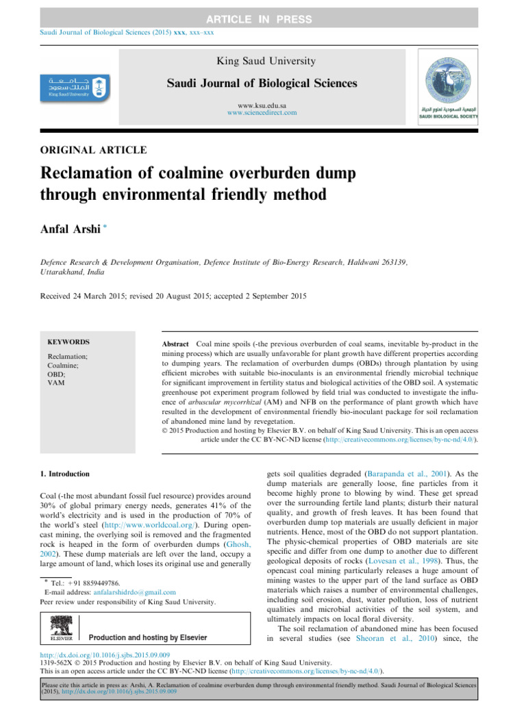 Reclamation of Coalmine Overburden Dump Through en | PDF | Soil | Coal ...
