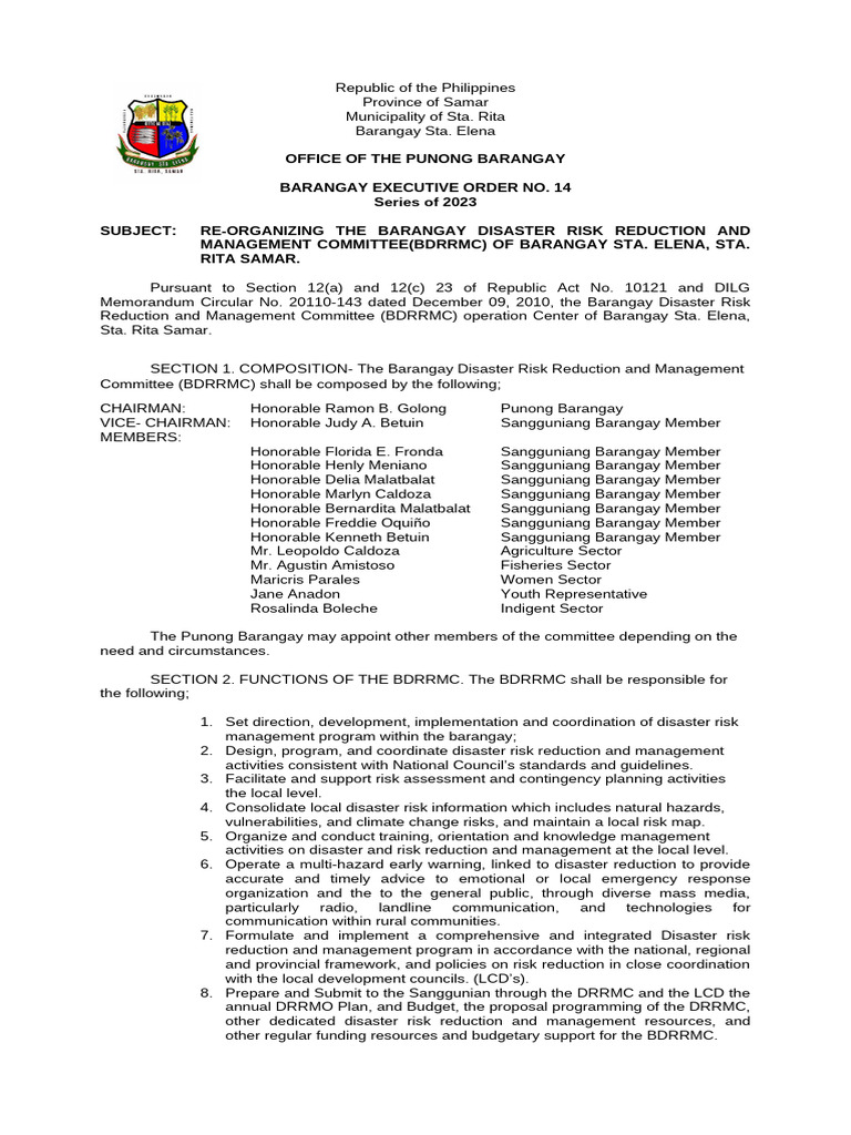 BDRRMC No. 14 | PDF | Disaster Risk Reduction | Safety